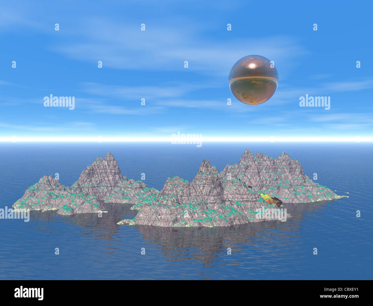 Abstract - Computer generated island with sphere flying above Stock ...