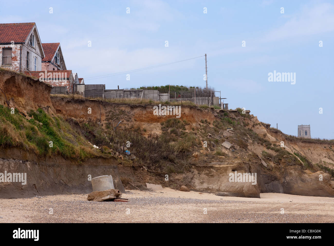 Happisburgh coastline, North Norfolk, East Anglia. Erosion of cliffs by ...