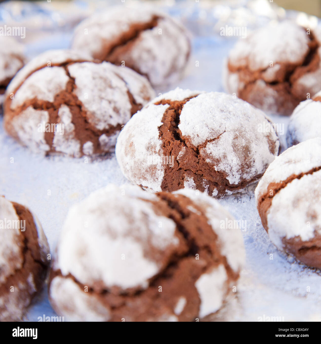 festive baking - chocolate cookies with icing sugar coating ona baking ...