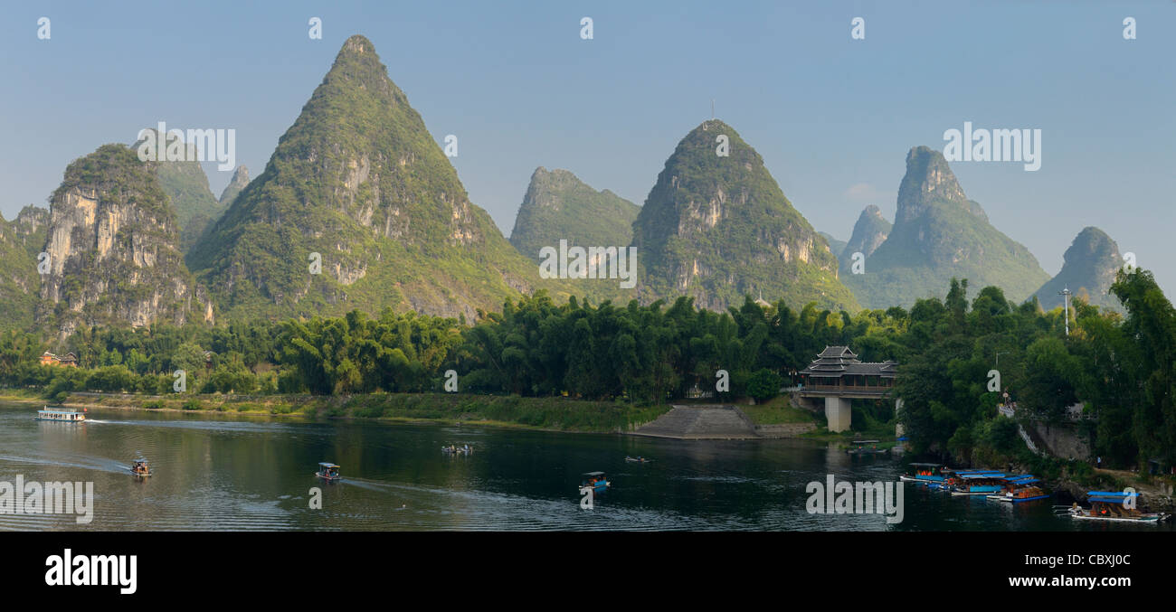 Panorama of Karst limestone cone peaks surrounding the Li or Lijiang ...