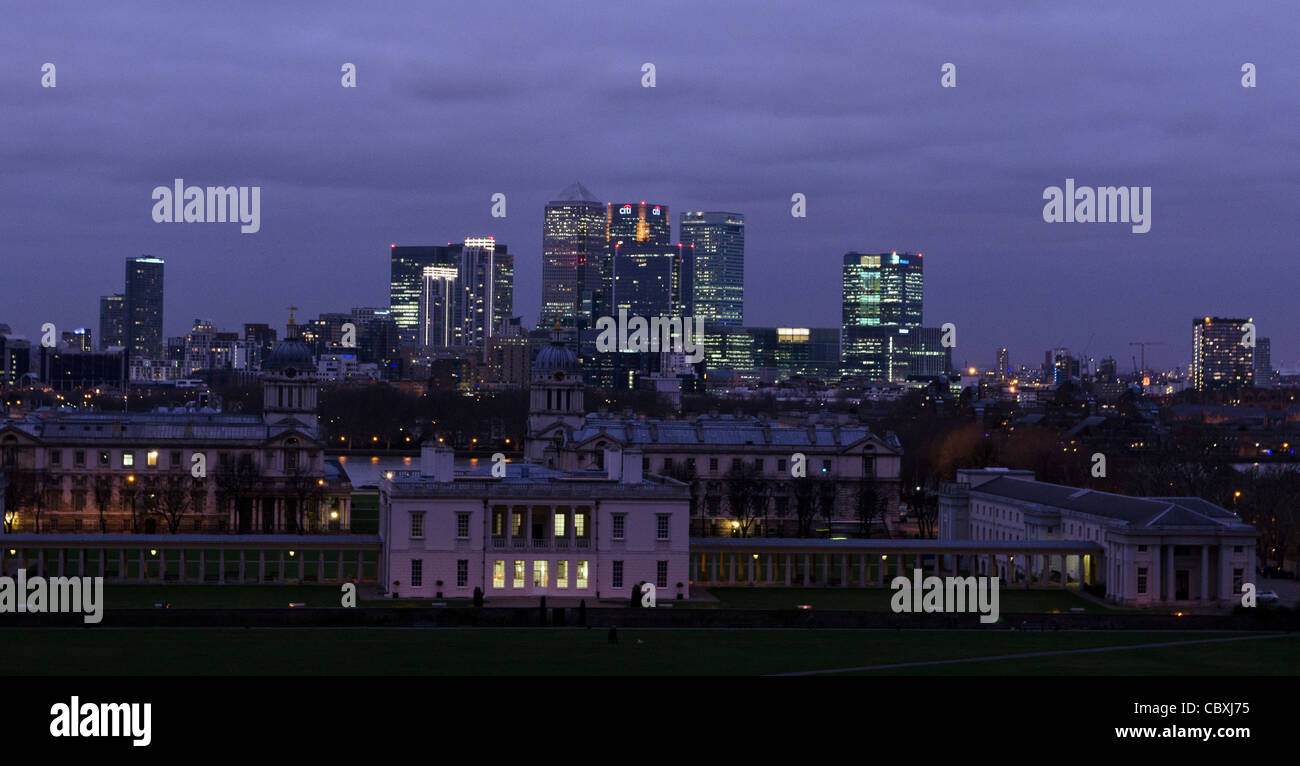 A night view of Canary Wharf skyline from Greenwich London England ...