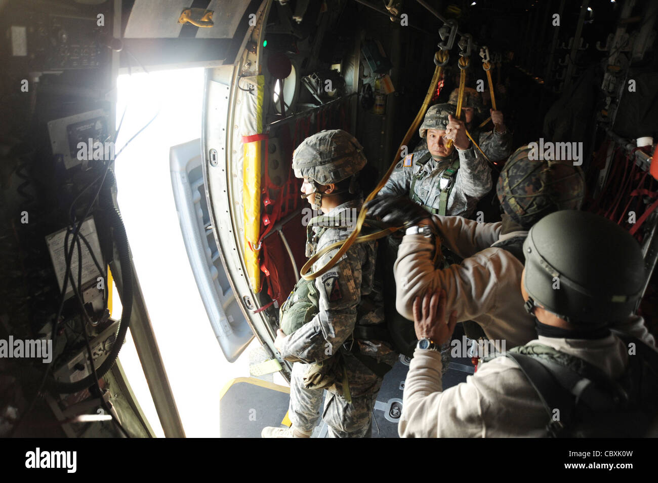 The first paratrooper to jump waits for the "green light" on board a C ...
