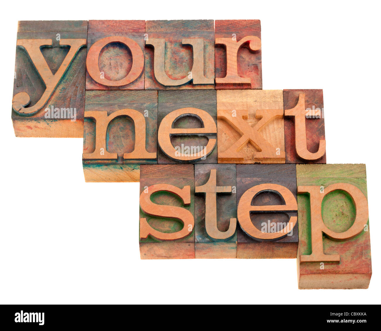 your next step - phrase in vintage wooden letterpress printing blocks ...