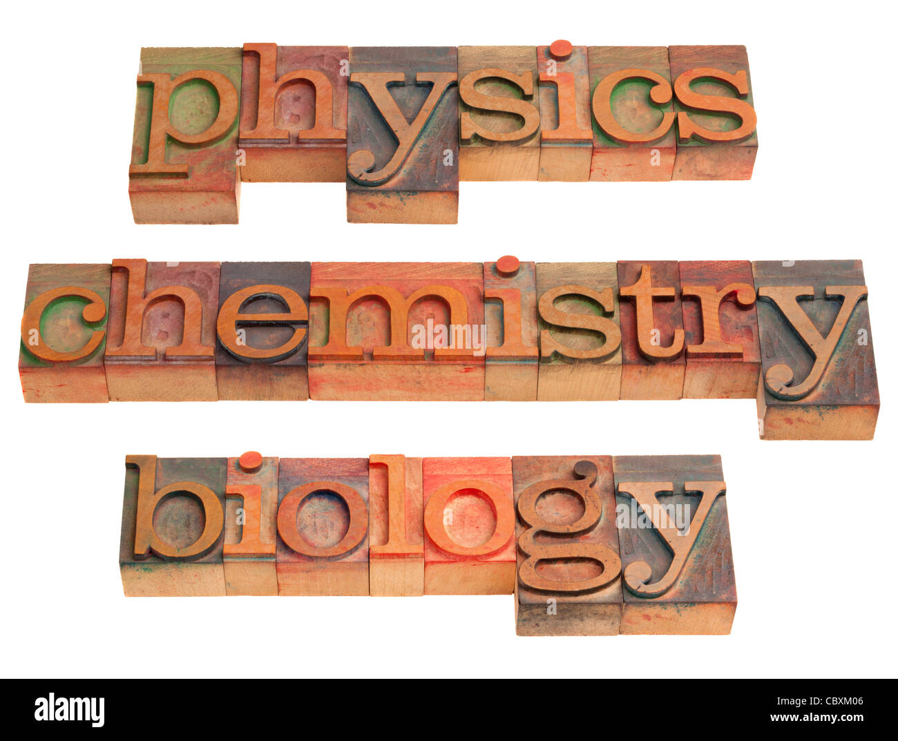 physics, chemistry and biology - natural science concept - words in ...