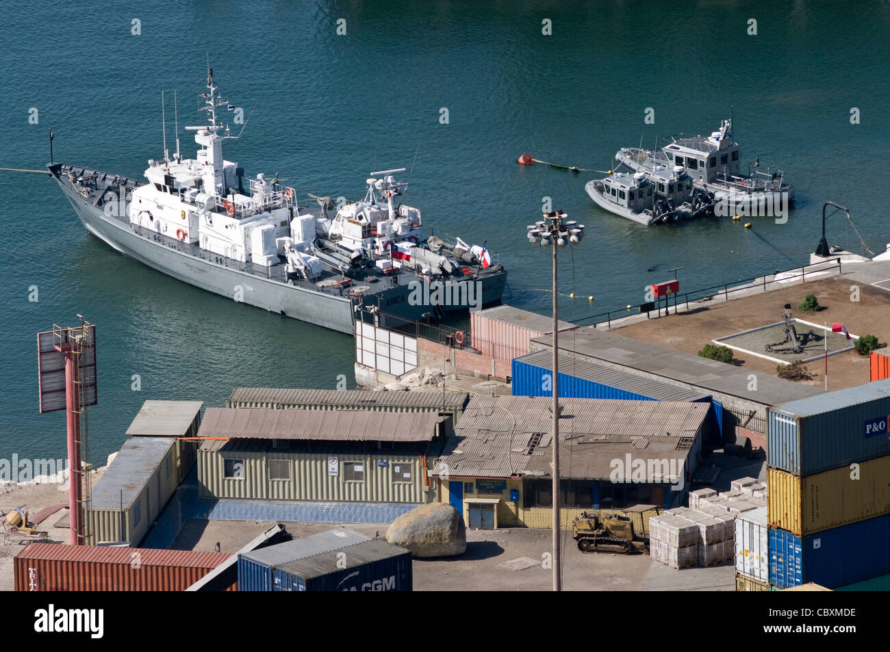 Chile. Port of Arica. Ships and containers. Military ships Stock Photo ...