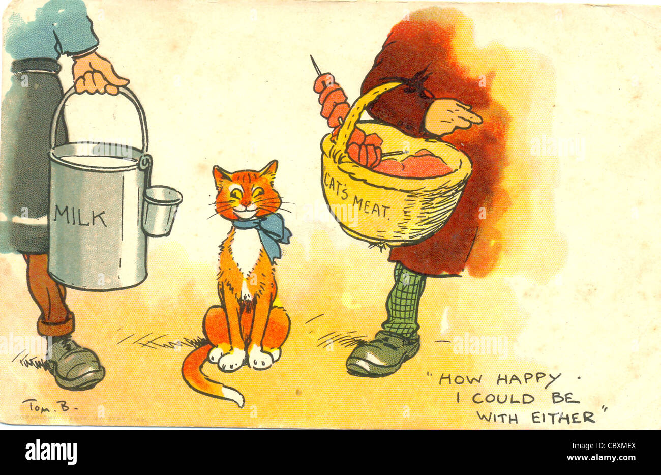 Comic postcard of a cat between the milk delivery and the cat's meat ...