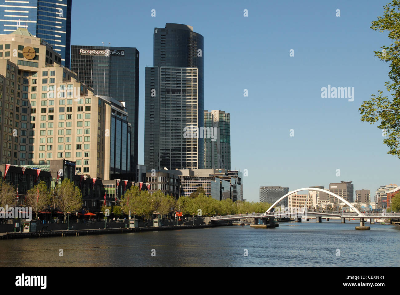 Skyline of Southbank with Eureka Tower and Yarra river in central ...