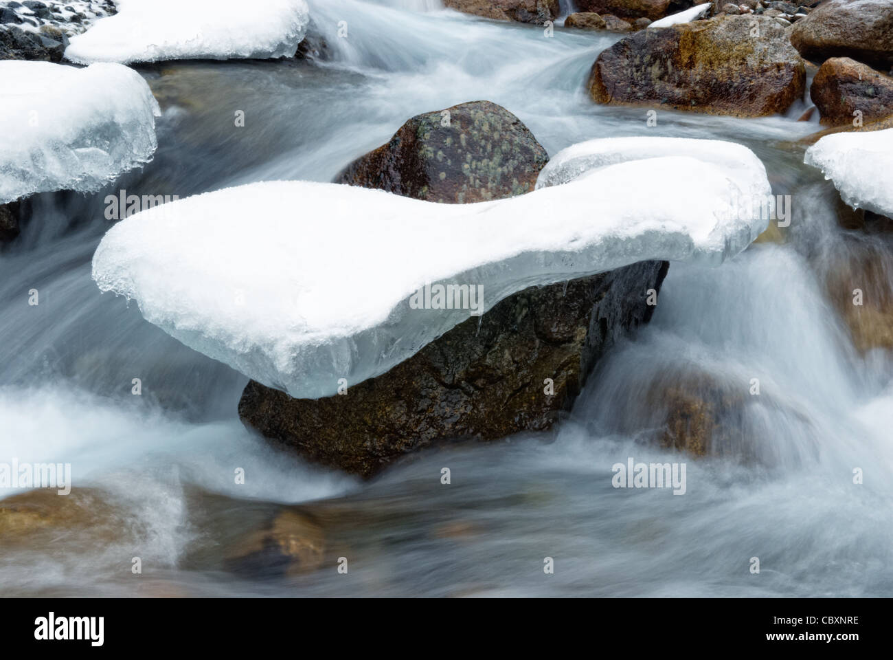 Stone in the ice and water flow Stock Photo - Alamy
