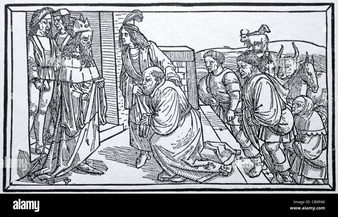 Joseph and Jacob Kneel Before Pharaoh, Wood-Cut or Wood Engraving from ...