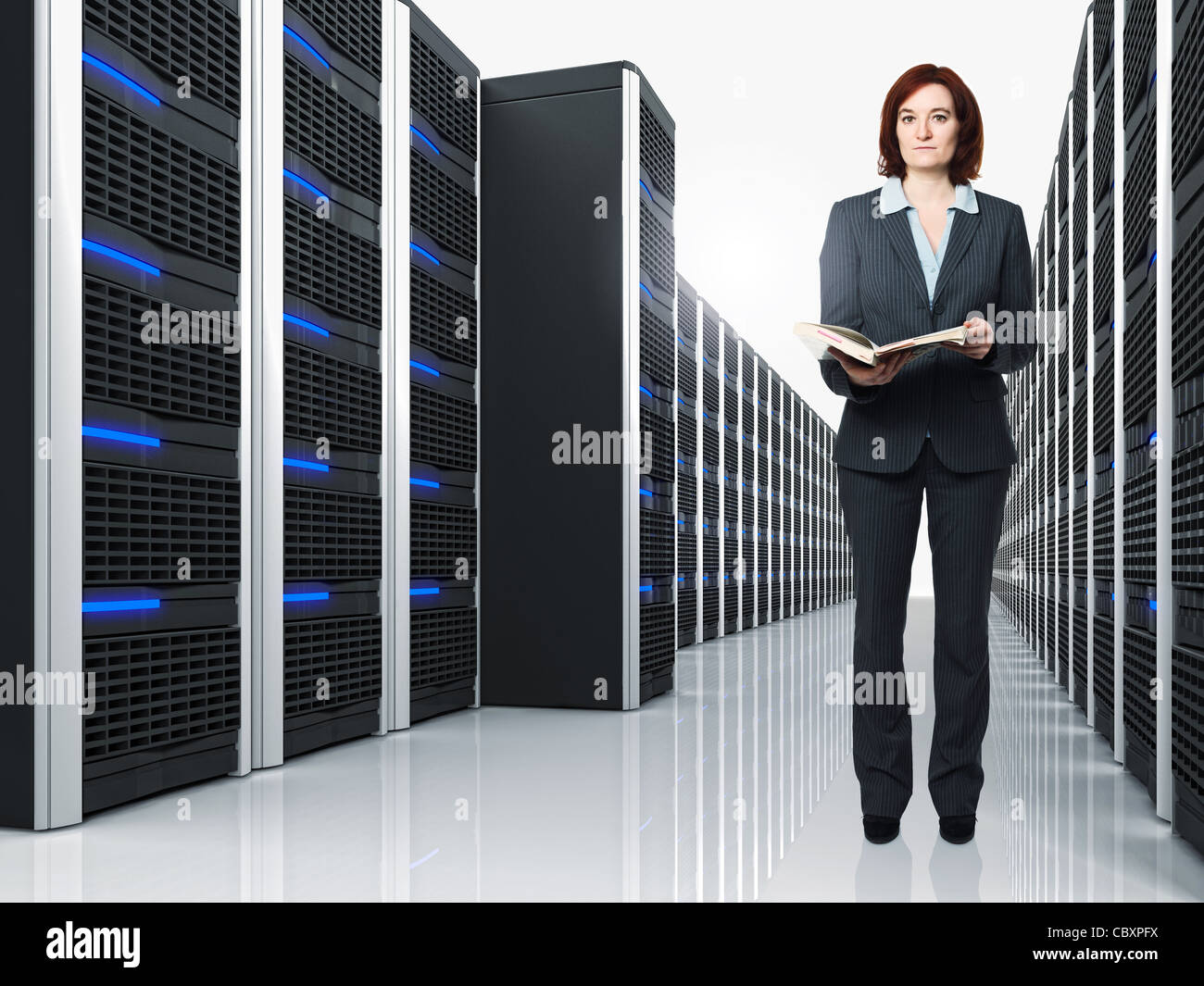 3d image of datacenter with lots of server and female worker Stock ...