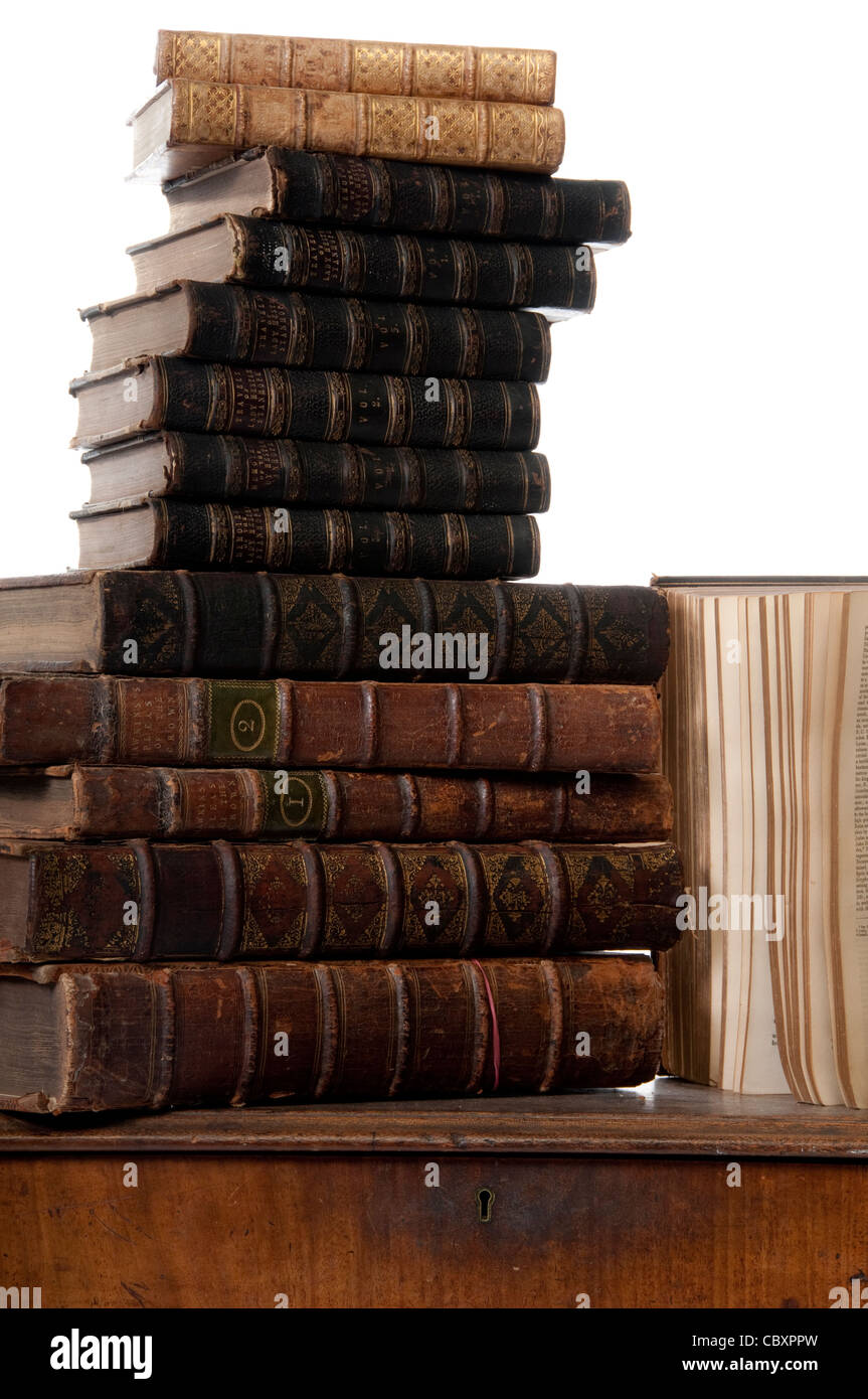 Old leather bound books pile hi-res stock photography and images - Alamy