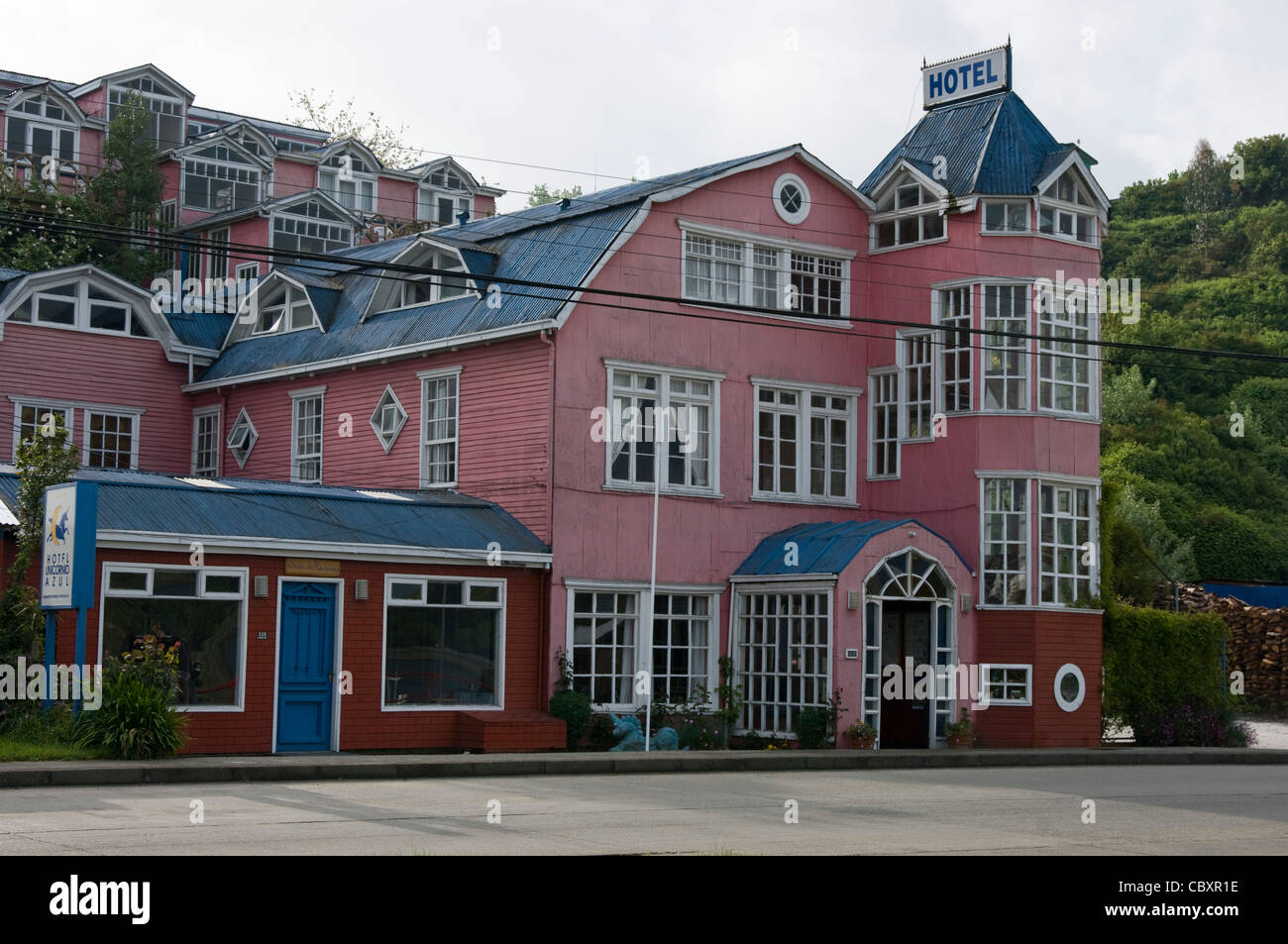 Chile. Chiloe island. Castro city. Blue Unicorn hotel Stock Photo - Alamy