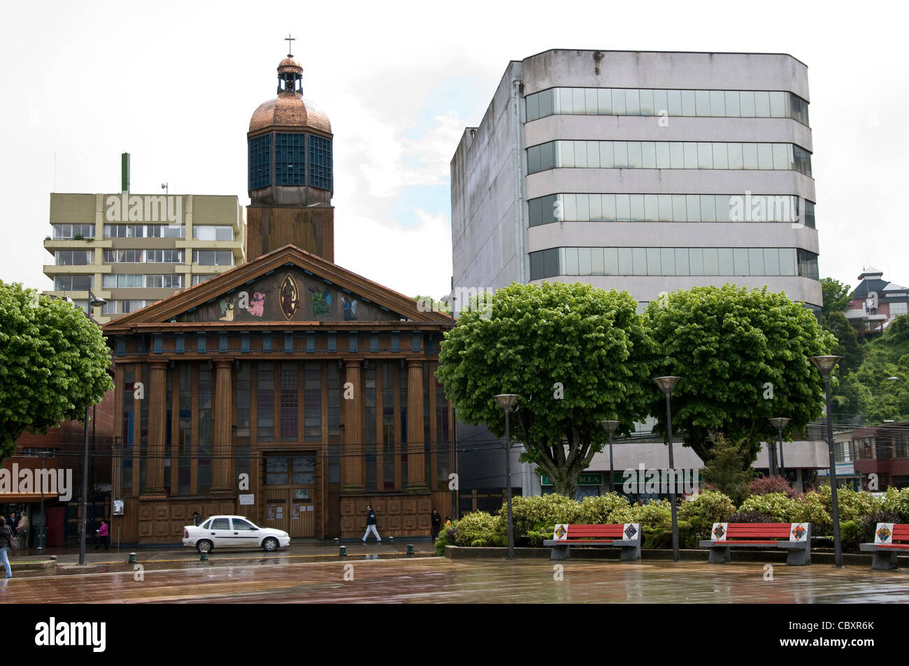 Chile. Puerto Montt city. Main square and The Catedral (1856). Lakes ...