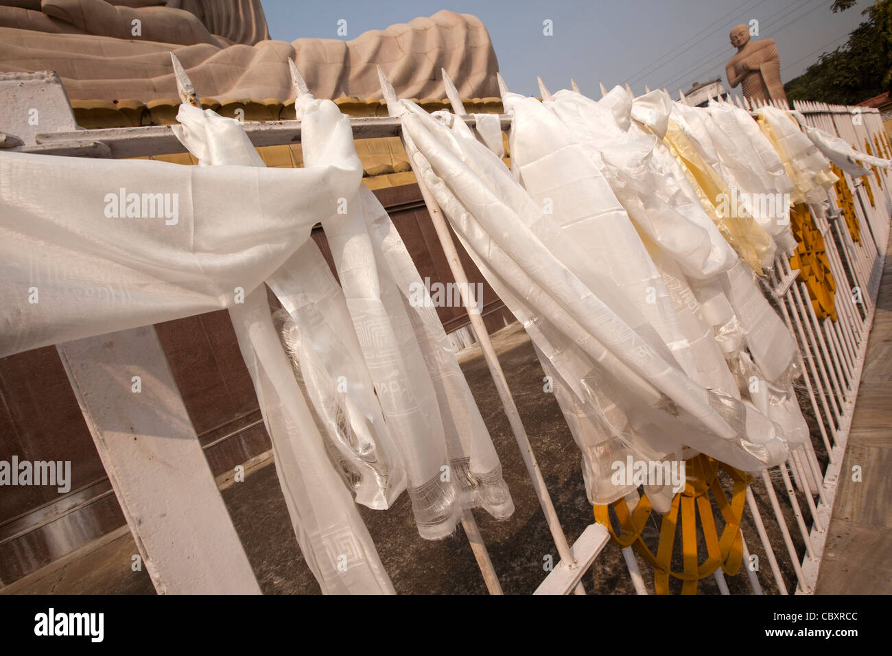 India, Bihar, Bodhgaya, Buddhism, big Buddha statue, kata scarves left ...