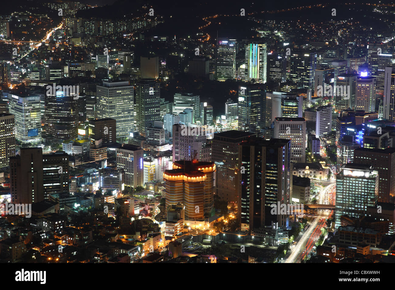 Illuminated Seoul City in South Korea at night from high above Stock ...