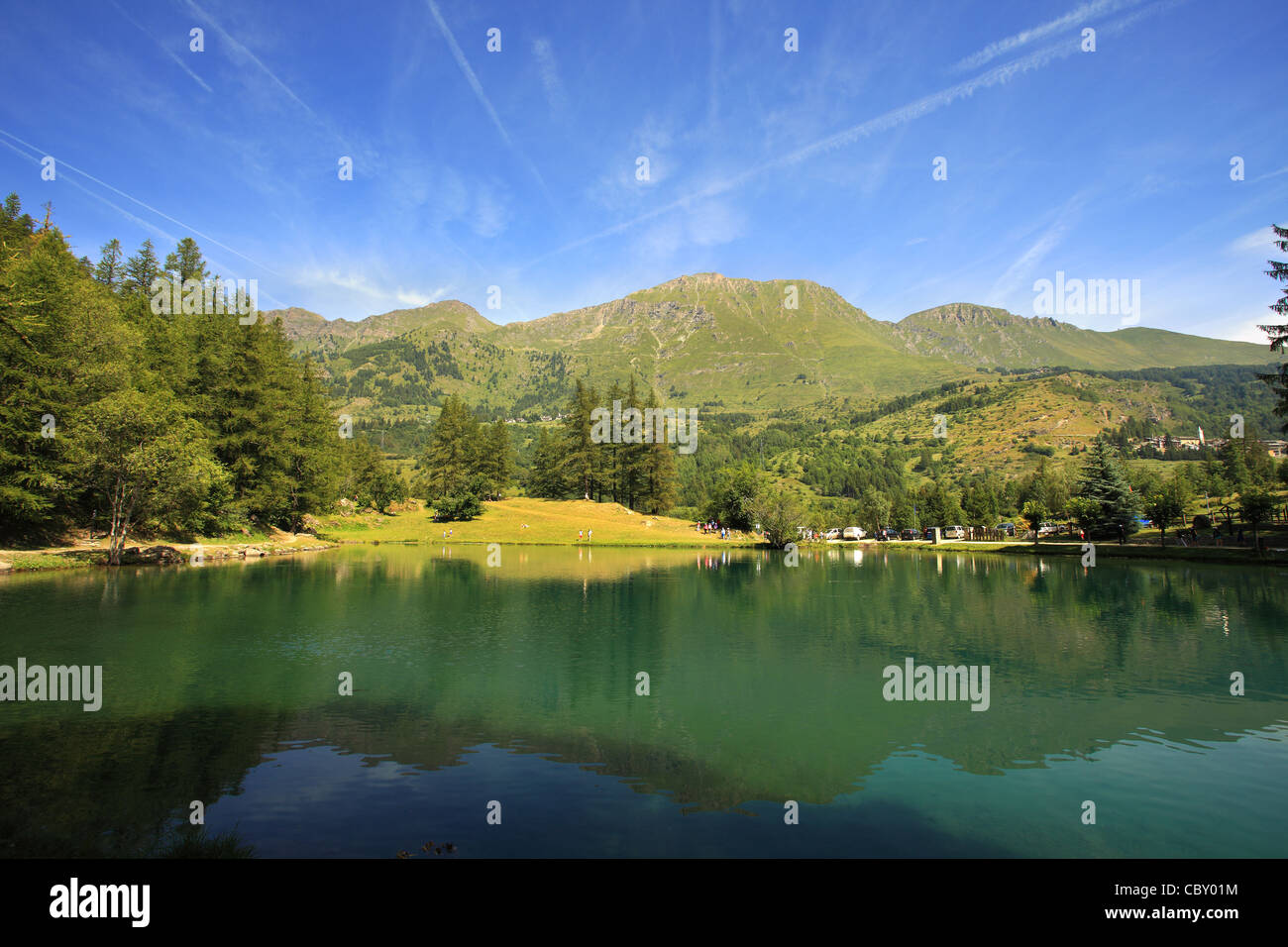 View on small alpine lake among the peaks of Alps in northern Italy ...