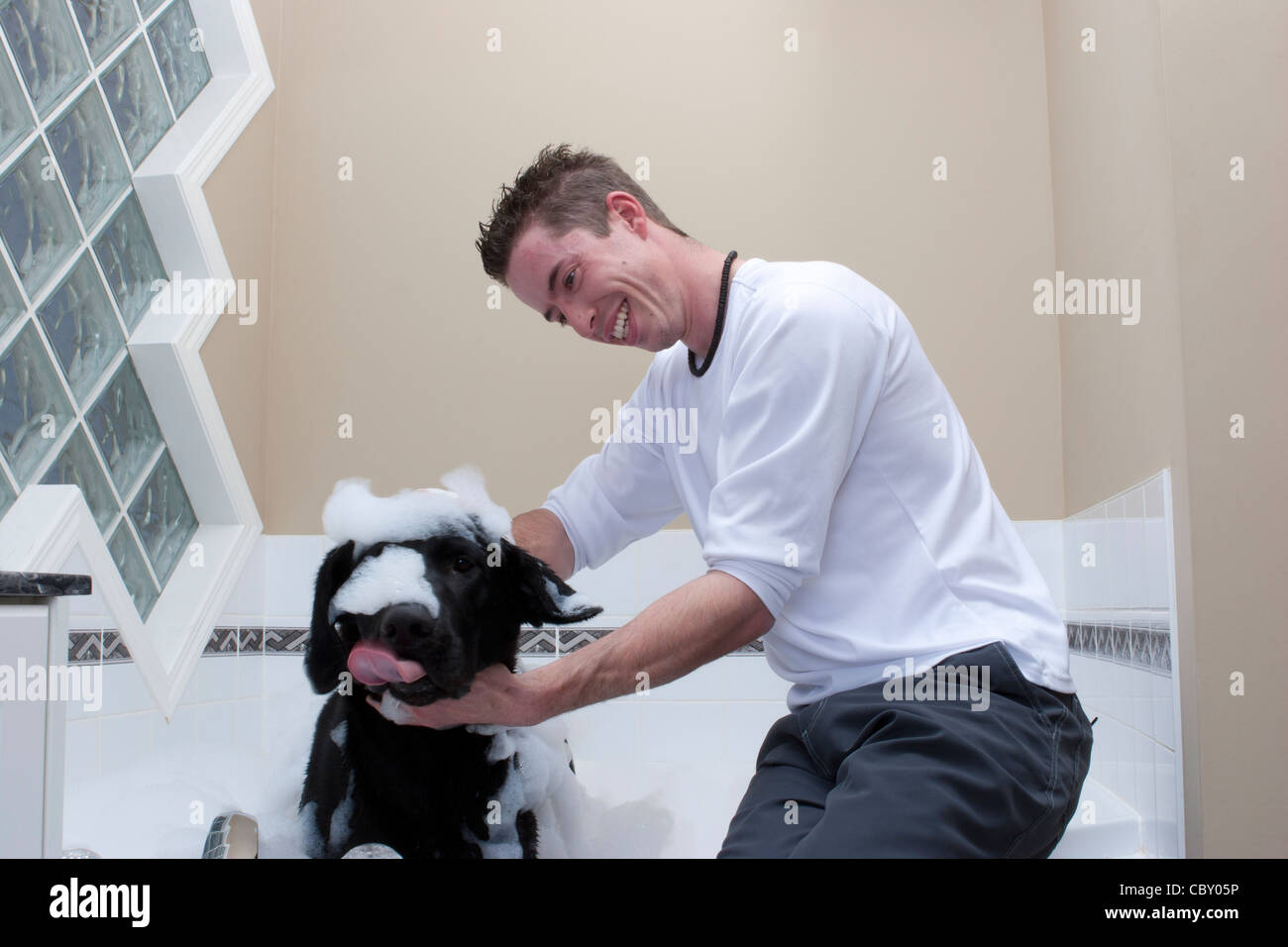 Man washing his dog hi-res stock photography and images - Alamy