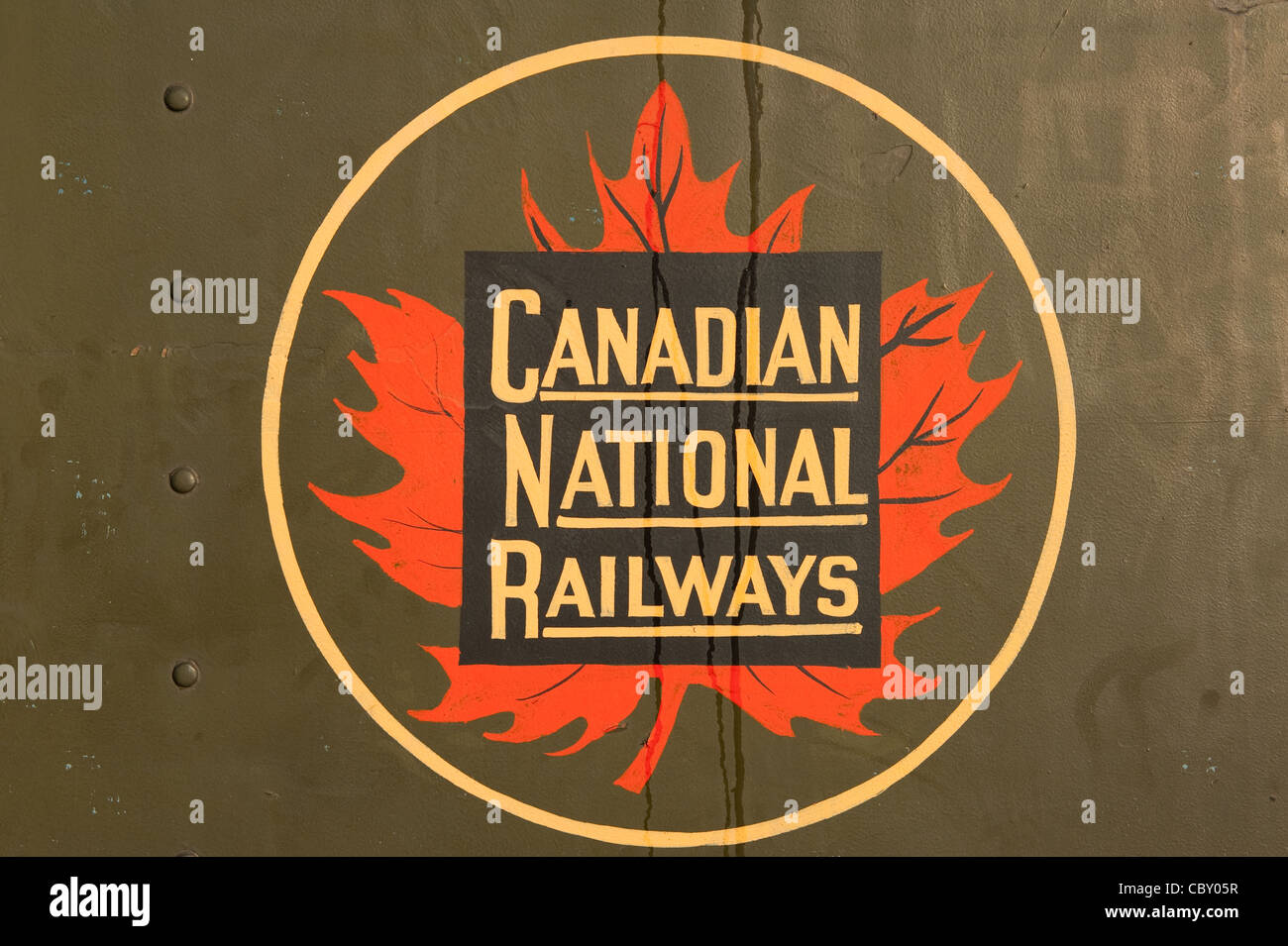A vintage and iconic Canadian National Railways logo on a train car ...