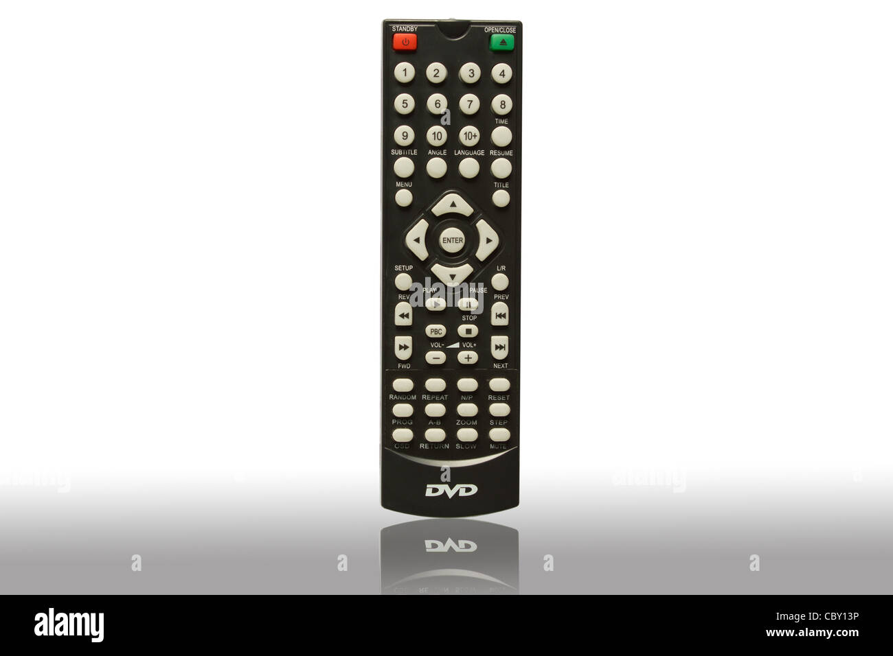 black remote control on white background and reflected grey Stock Photo ...