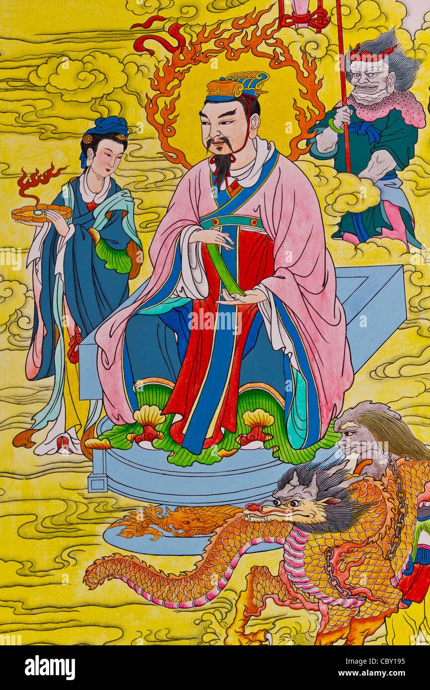 Tradition Chinese painting on Chinese temple wall at Chonburi province ...