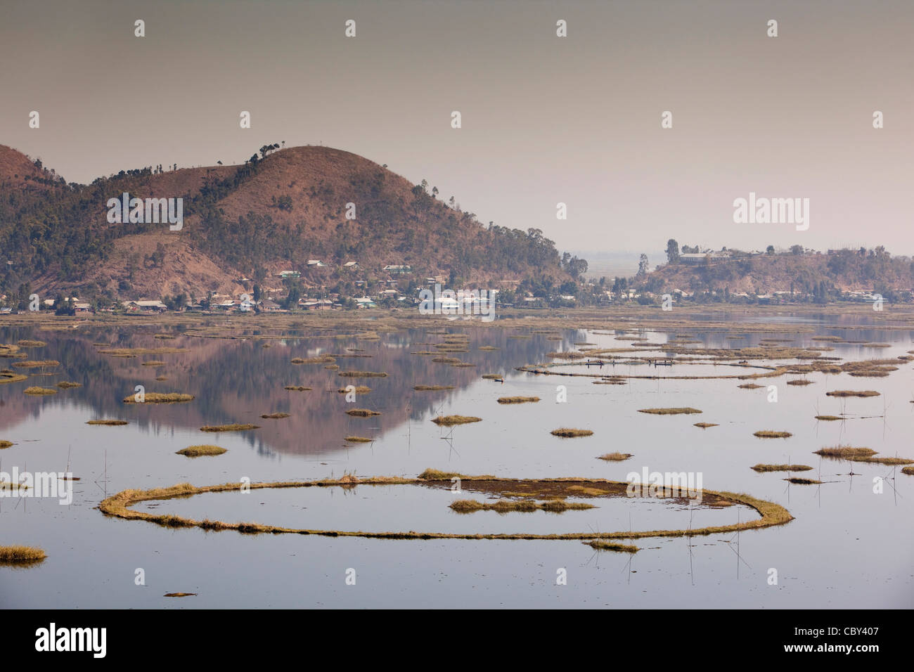 India, Manipur, Imphal, Loktak Lake, circular floating islands crated ...
