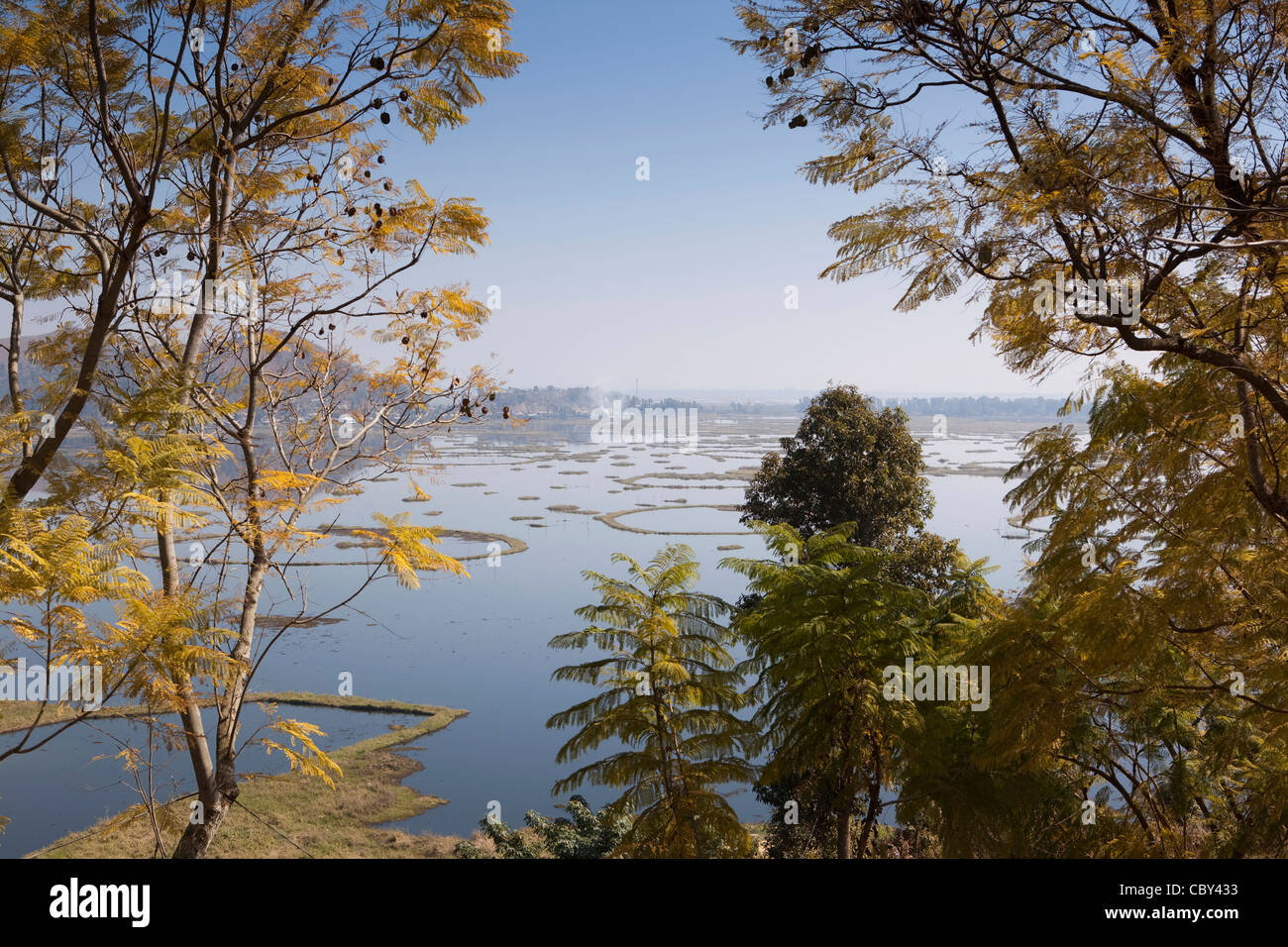 India, Manipur, Imphal, Loktak Lake, circular phumdi floating island ...