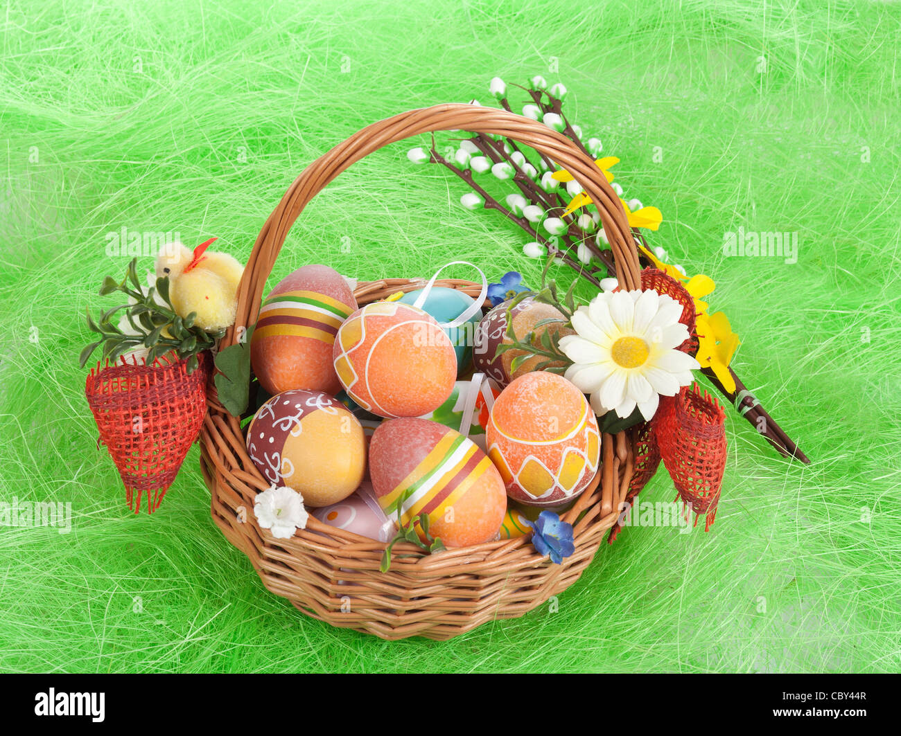 Easter eggs in basket on green Grass Stock Photo - Alamy