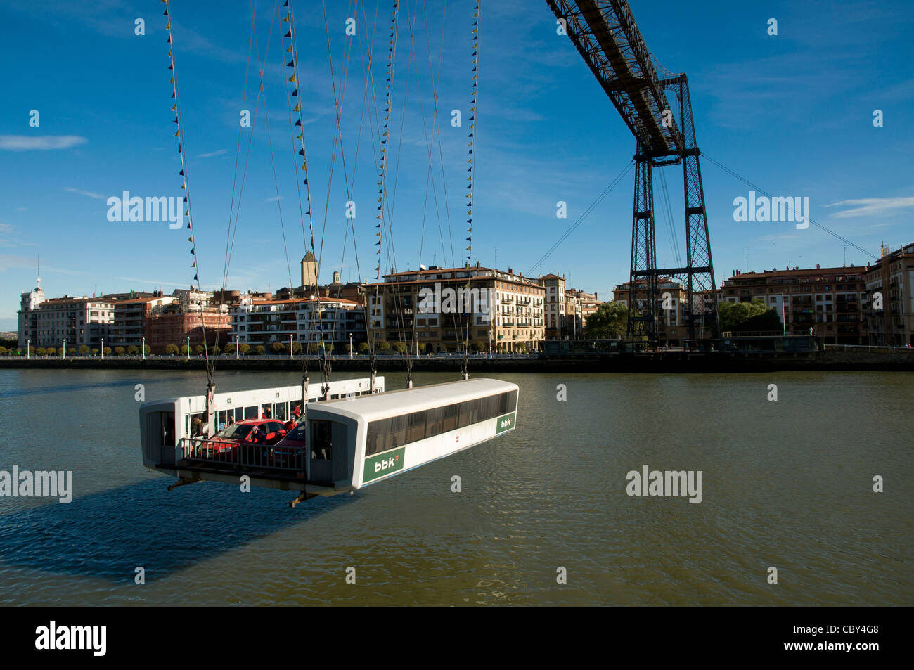 Vizcaya Bridge, with cableway transporter on the river Nervion and ...