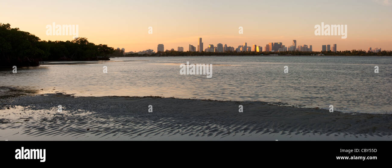Beautiful panorama of the Miami skyline at sunset, from Key Biscayne ...