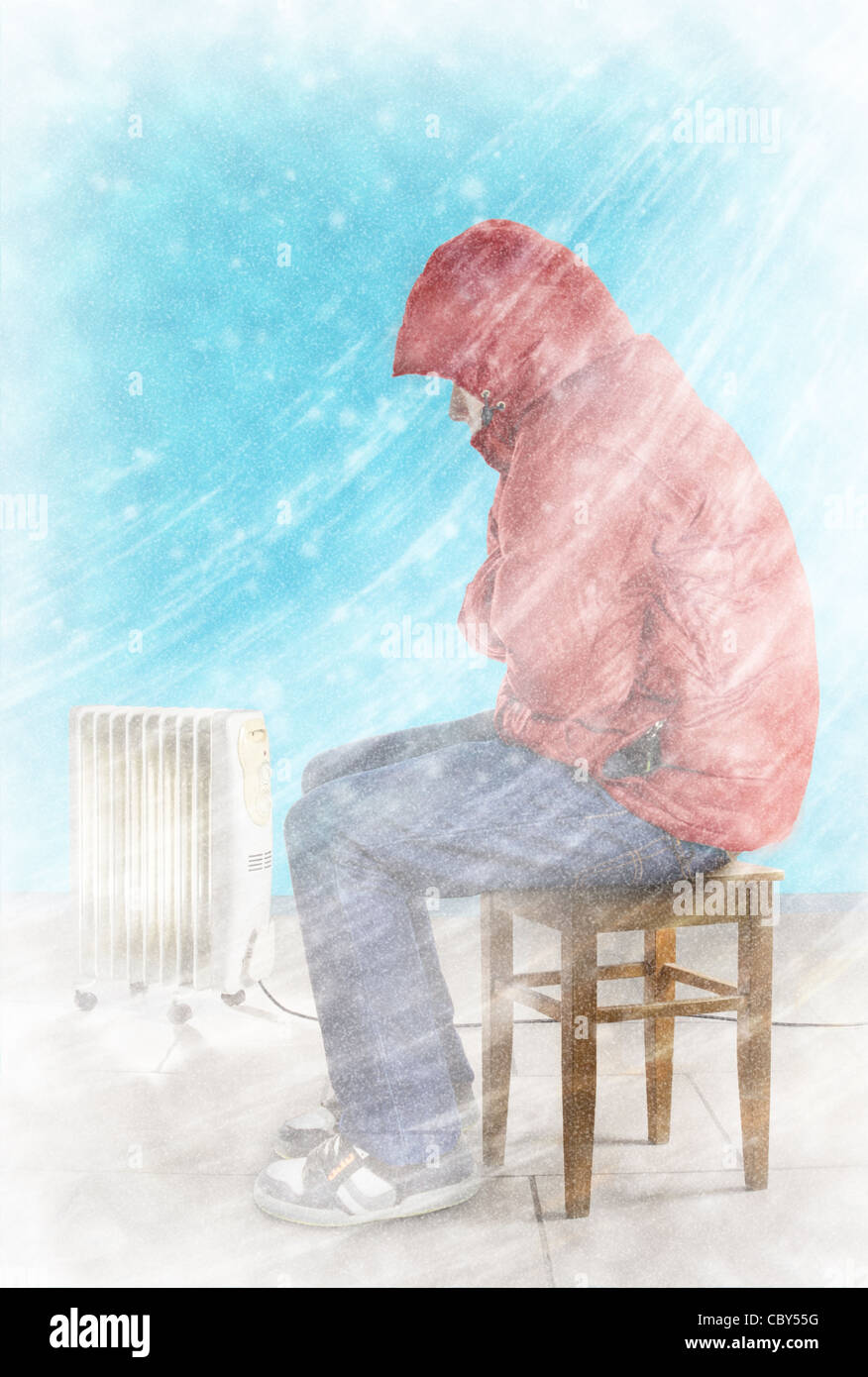 Cold winter wind with snow blows in the living room. Freezing guy in ...