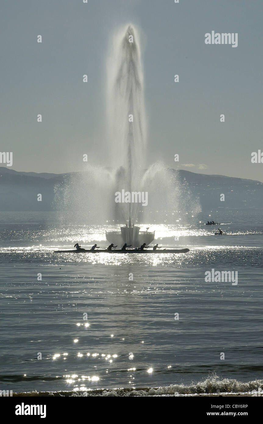 Water fountain with canoe in Wellington harbor, New Zealand Stock Photo ...