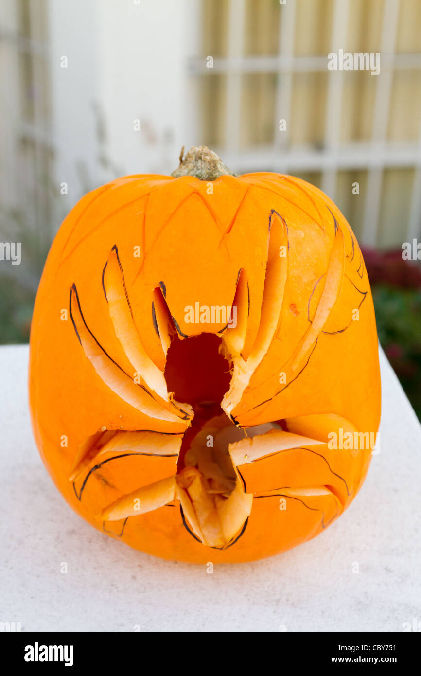 Spider shape carved pumpkin as Halloween decoration Stock Photo - Alamy