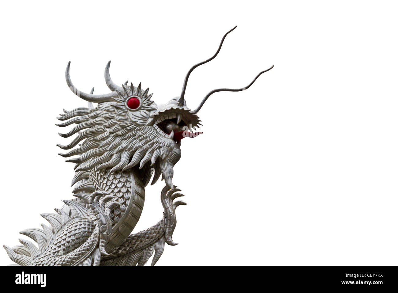 Silver dragon head statue on white background Stock Photo - Alamy