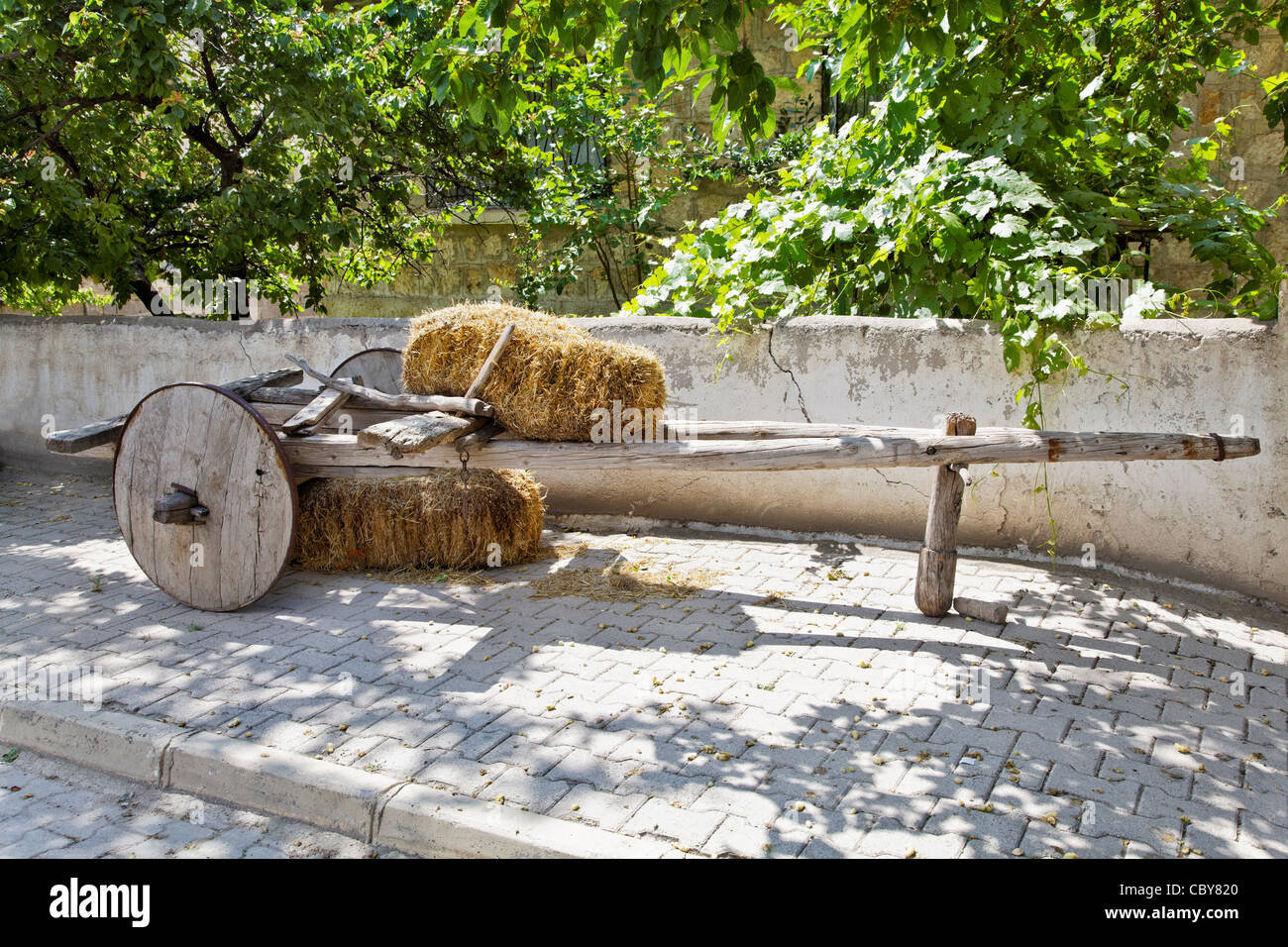 Antiquated pull cart of unseasoned wood in the shade of a tree in ...