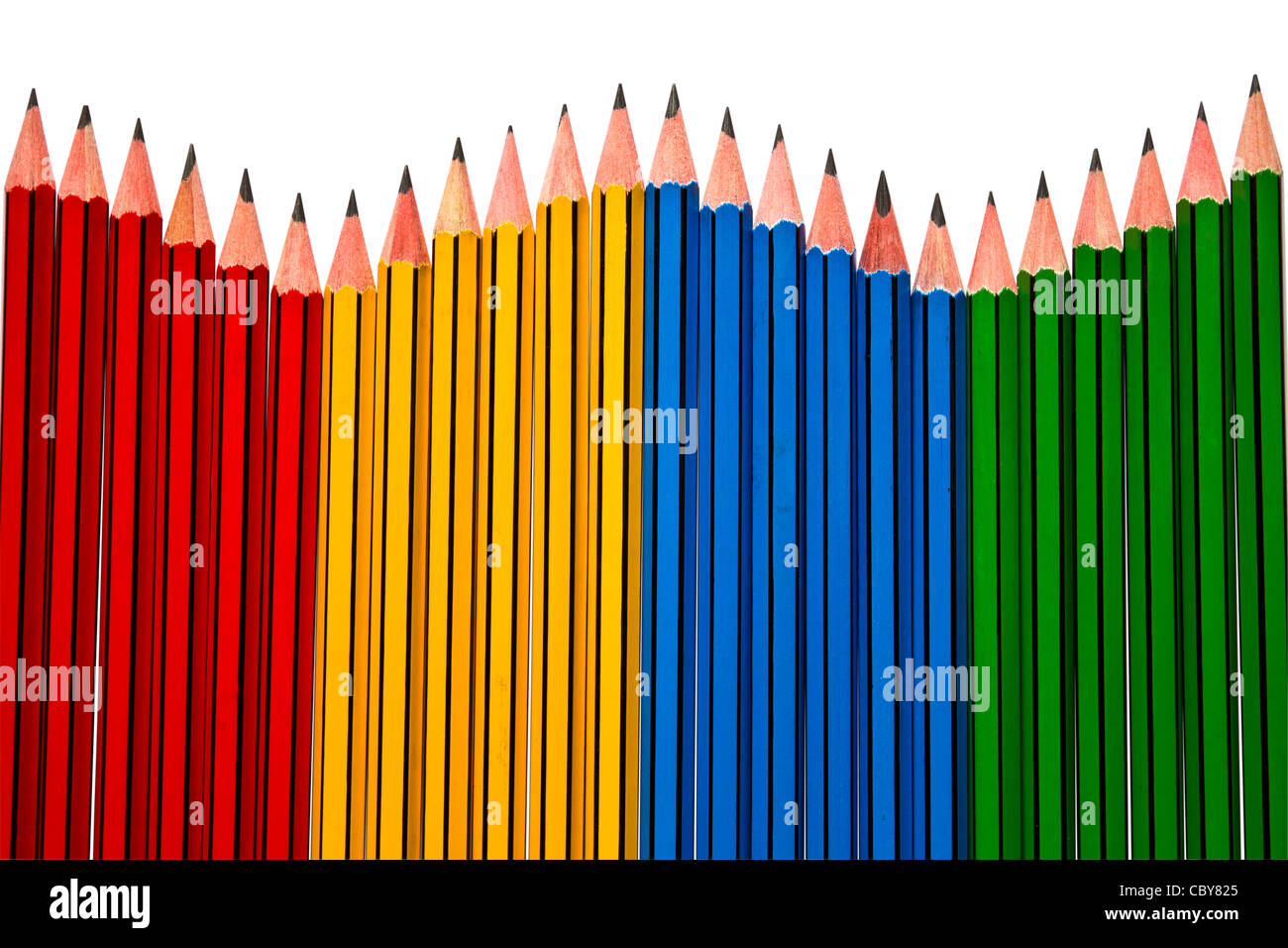 Pencils Red Yellow Blue and Green on White Background Stock Photo - Alamy