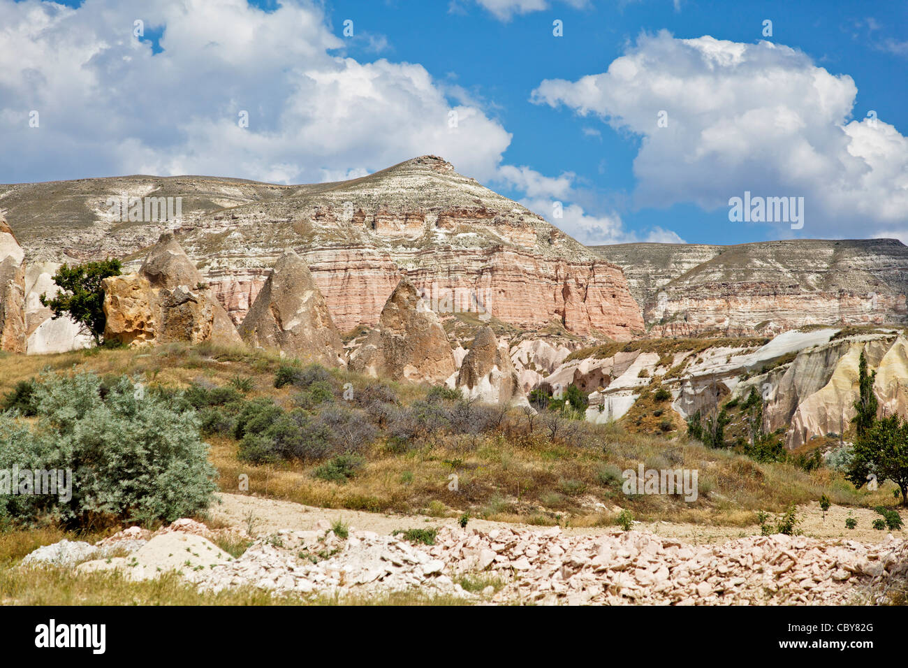 landscape of plateau Cappadocia of layered volcanic ash formation ...