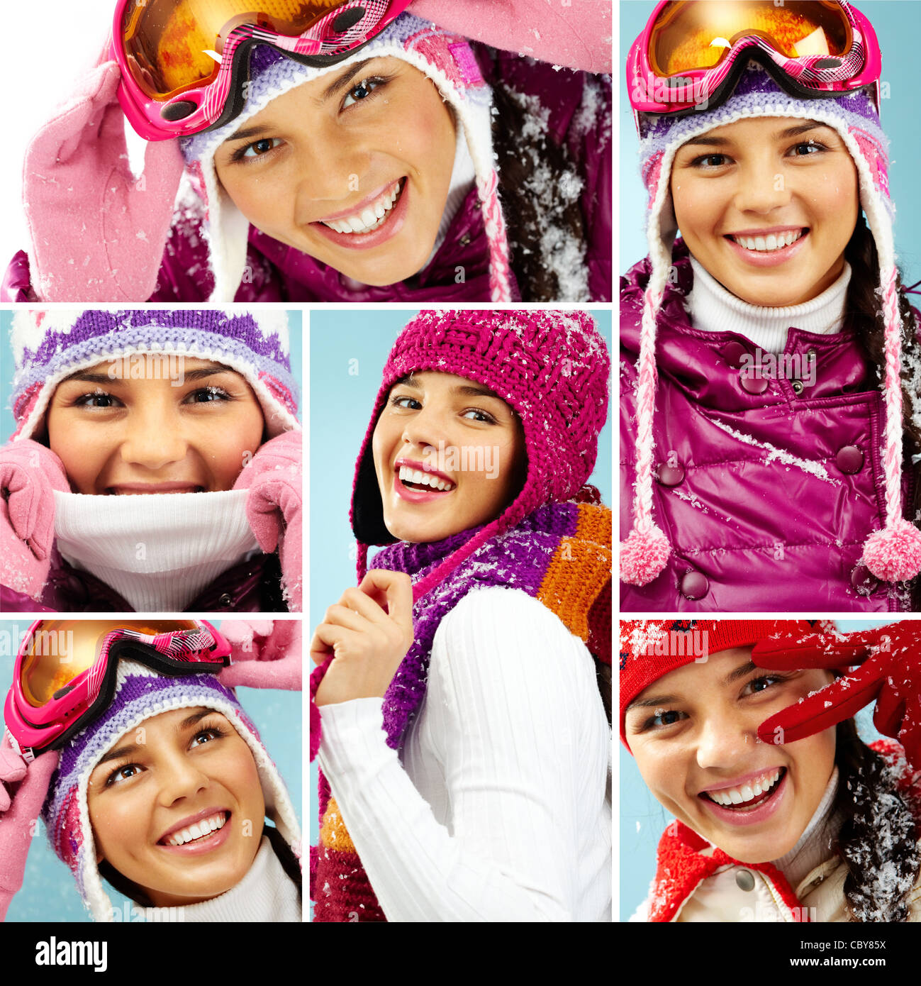 Collage of beautiful young woman in winter clothes smiling Stock Photo ...