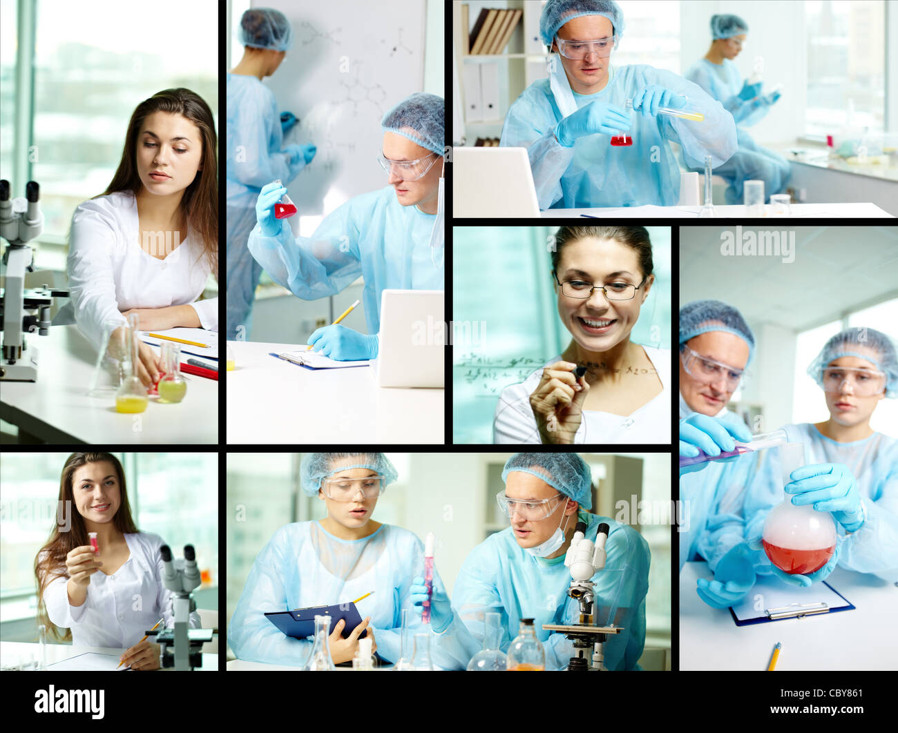 Collage of clinicians studying new substances in chemical laboratory ...