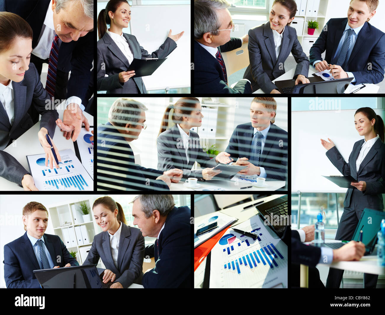Collage of busy people discussing new project at meeting in office ...