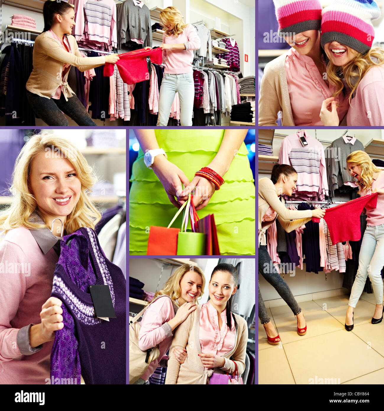 Collage of pretty friends during shopping in department store Stock ...