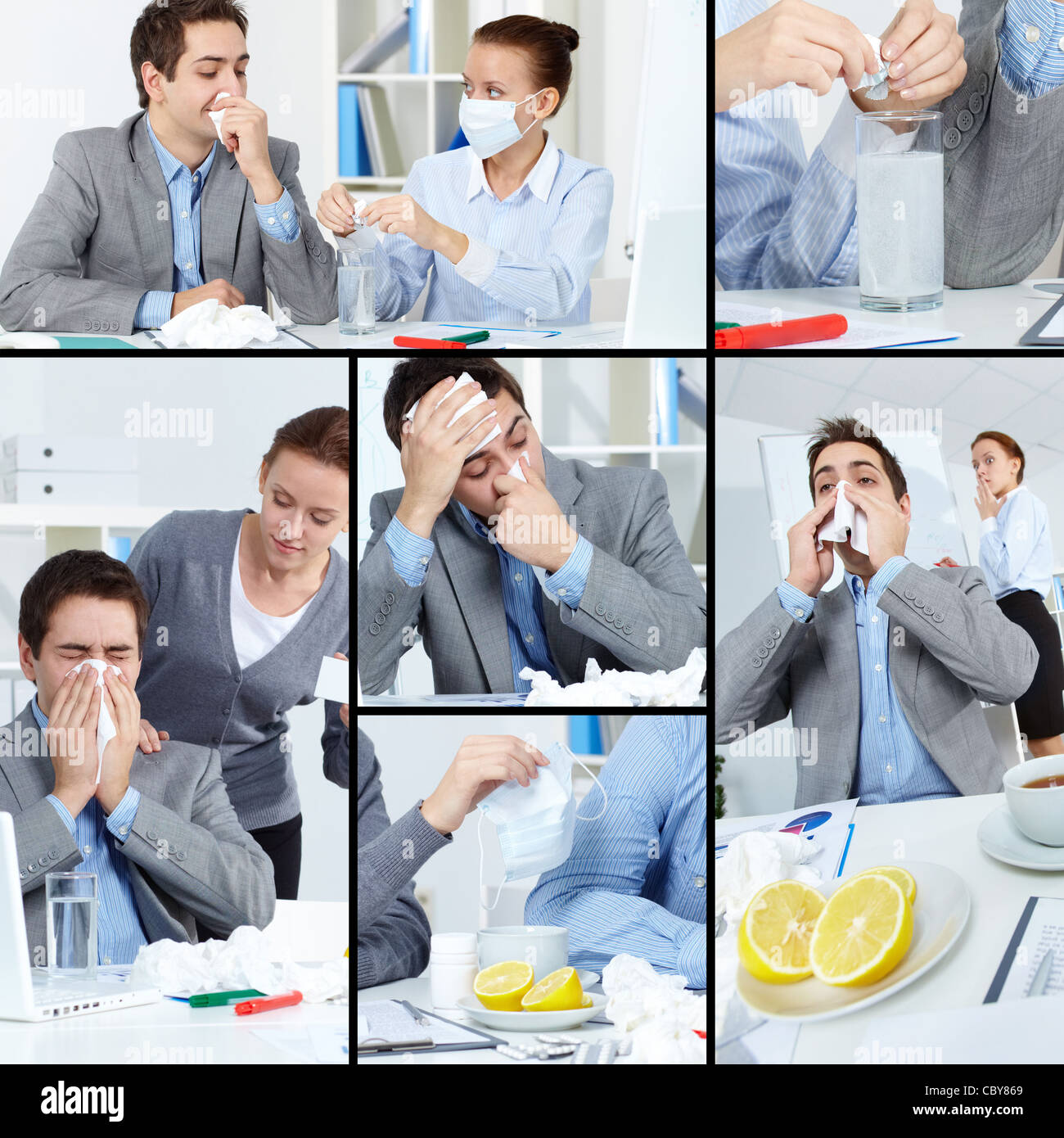 Collage of sick businessman with tissue and his colleague helping him ...