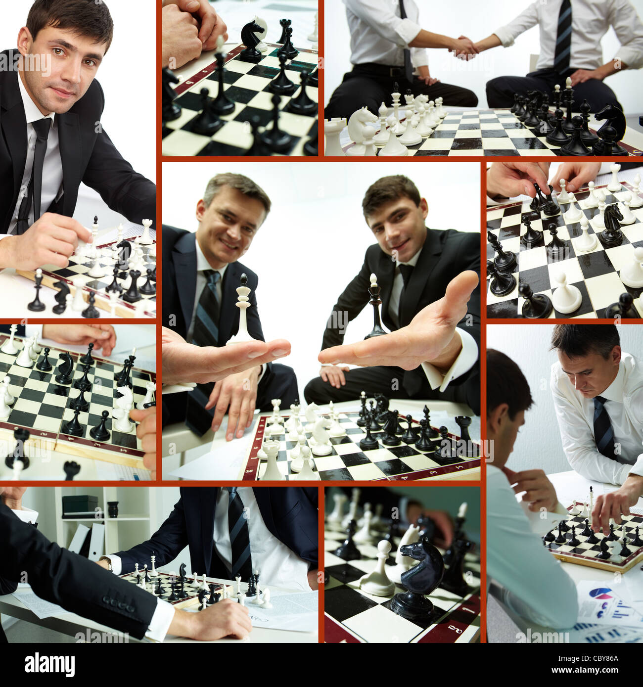 Collage of successful businessmen playing chess and chess pieces Stock ...