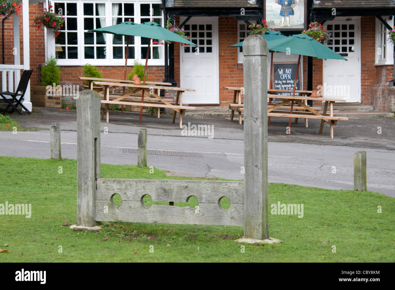 The old stocks used as punishment in medieval times on Minstead village ...