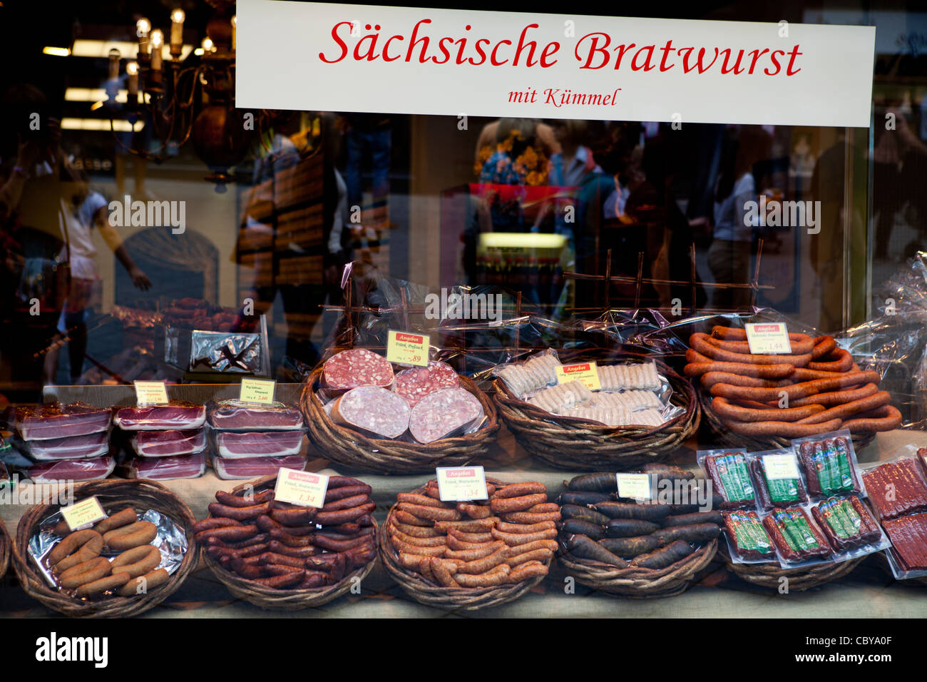 Wurst sausages and different kind of meat salami in shop window in ...