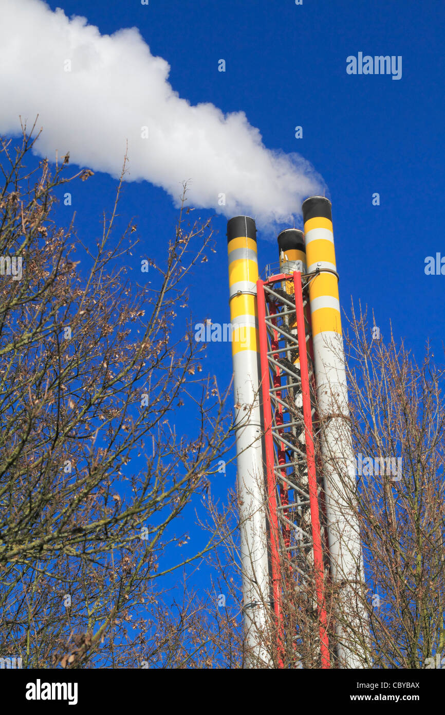 Chimney emitting smoke with winter trees in the foreground against a ...