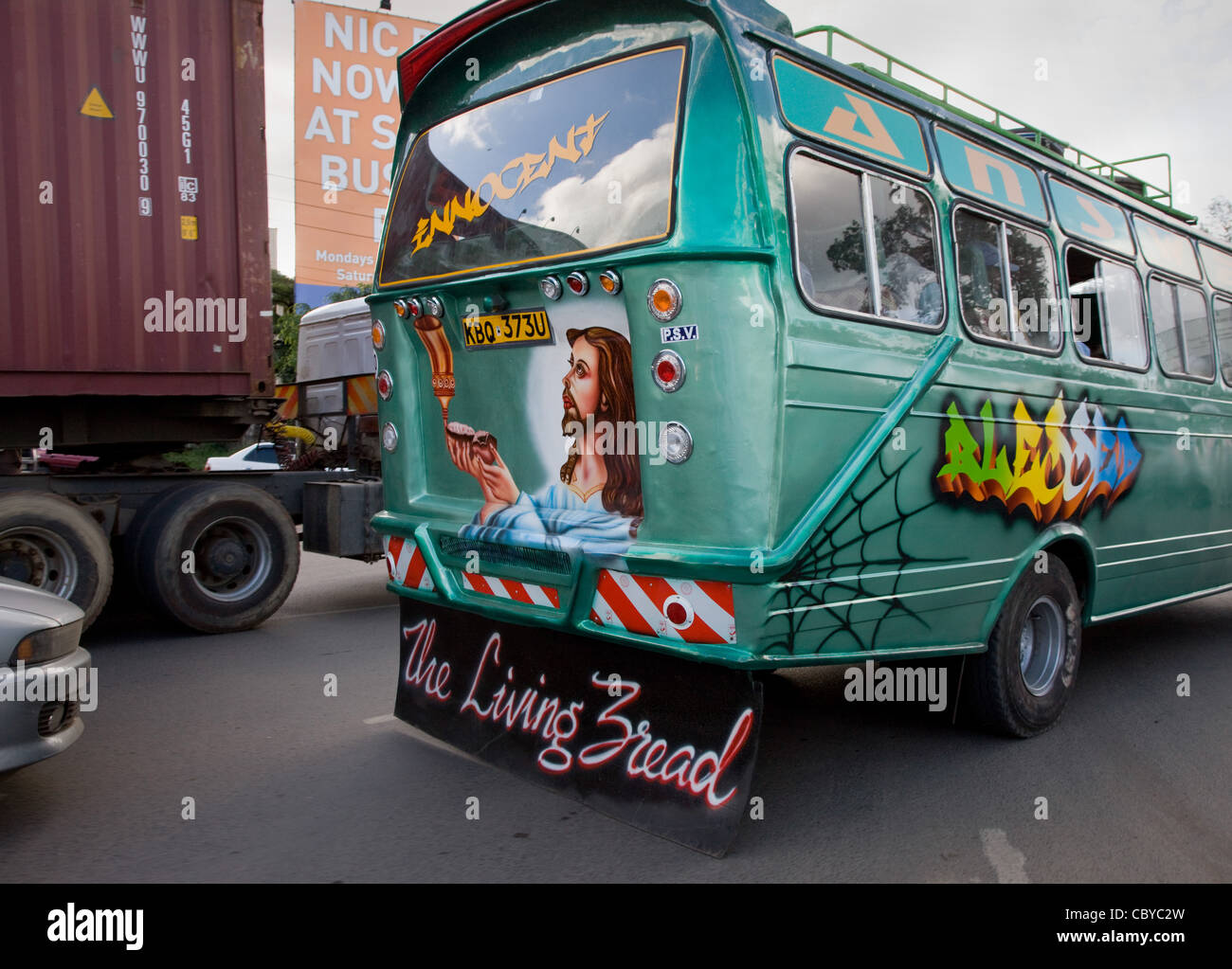 Jesus bus in a traffic jam in central Nairobi in Kenya bears an image ...