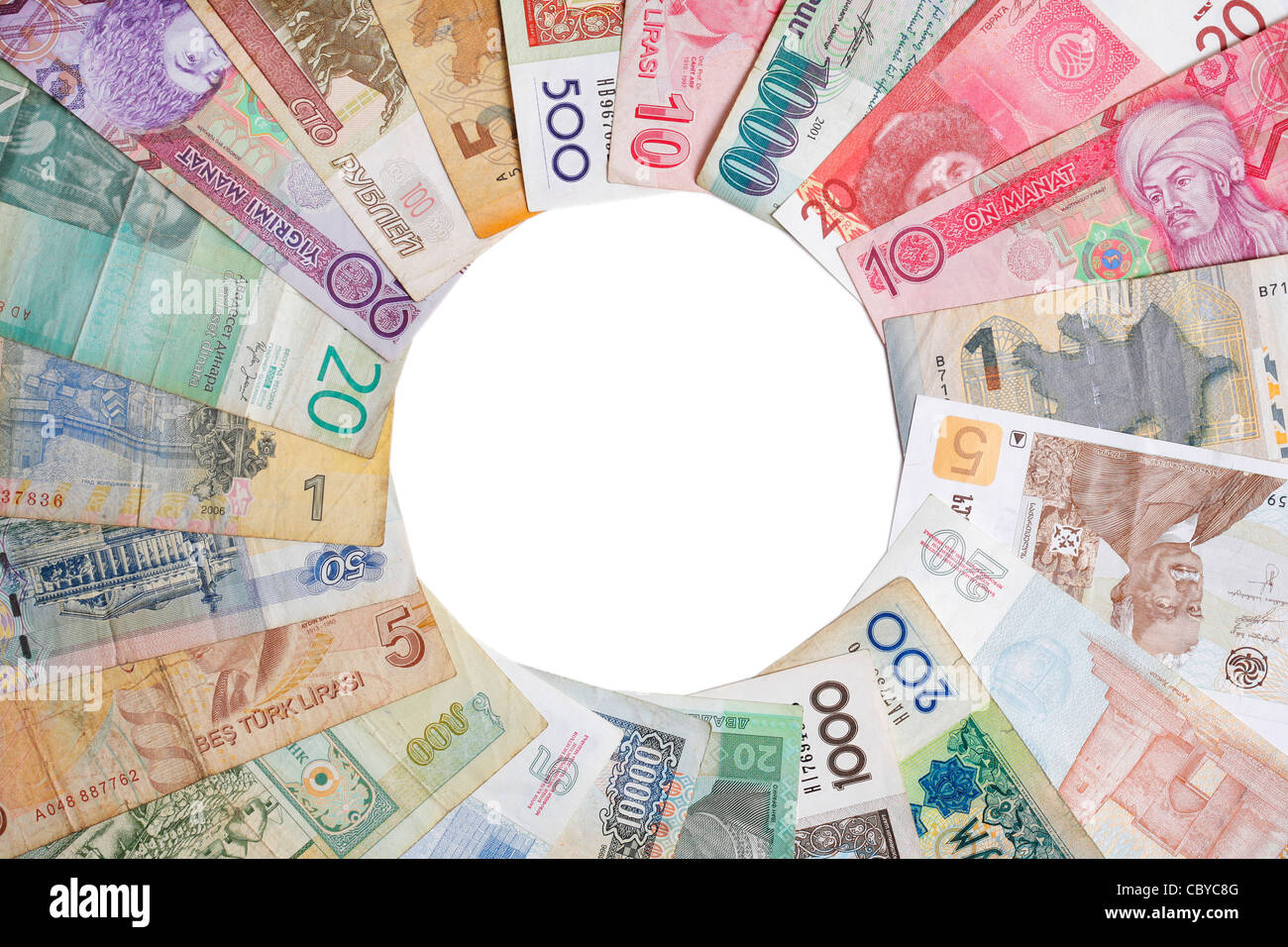 Close-up shot of various banknotes displayed in a circle with copy ...