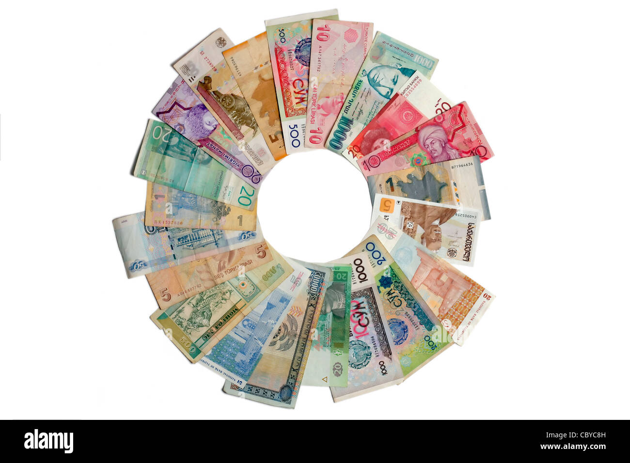 Close-up shot of various banknotes displayed in a circle with copy ...
