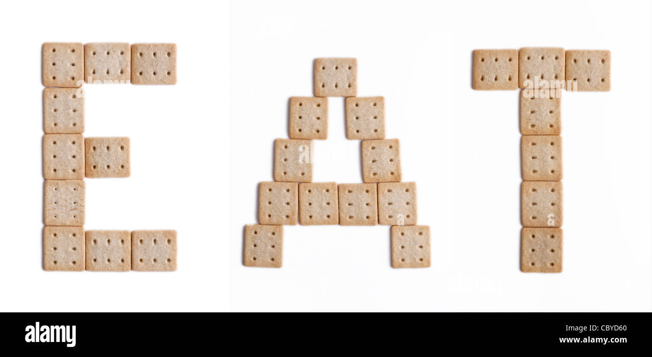 The word "EAT" written with biscuit fonts Stock Photo - Alamy