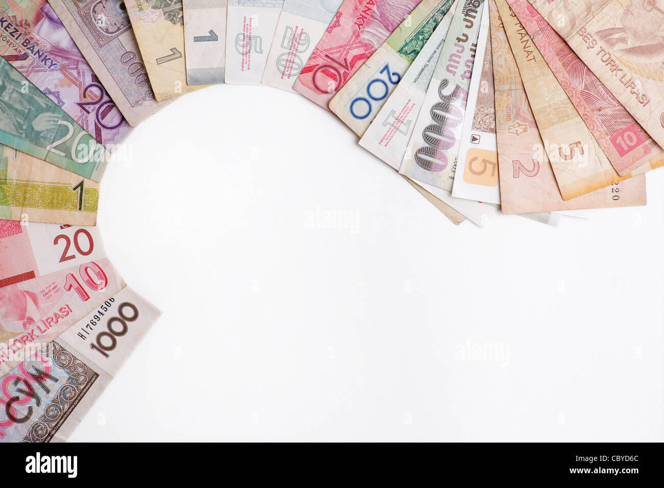 Arrangement of various banknotes with copyspace at the bottom Stock ...